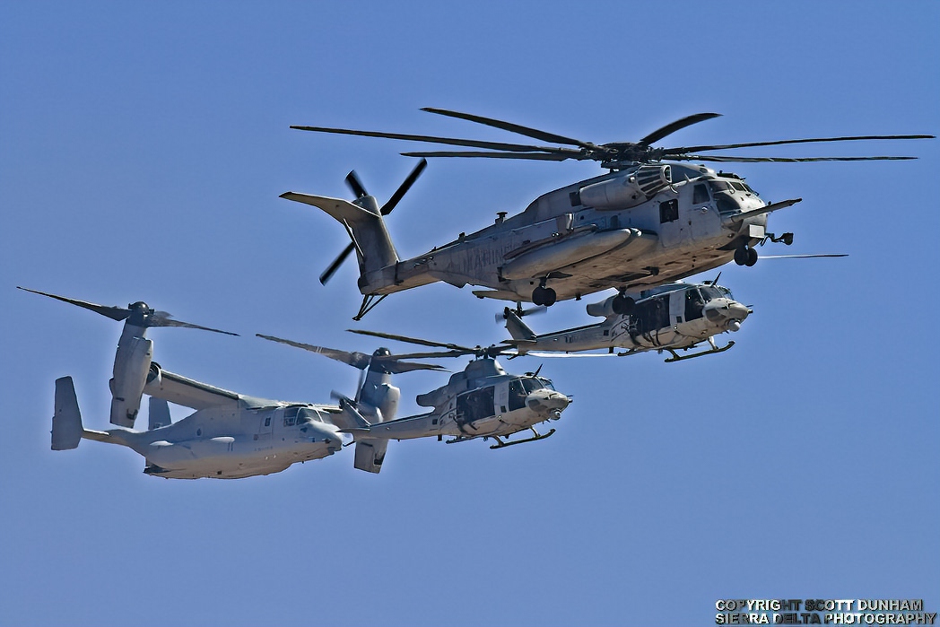 USMC MV-22 Osprey, CH-53E Super Stallion and UH-1Y Venom Aircraft ...